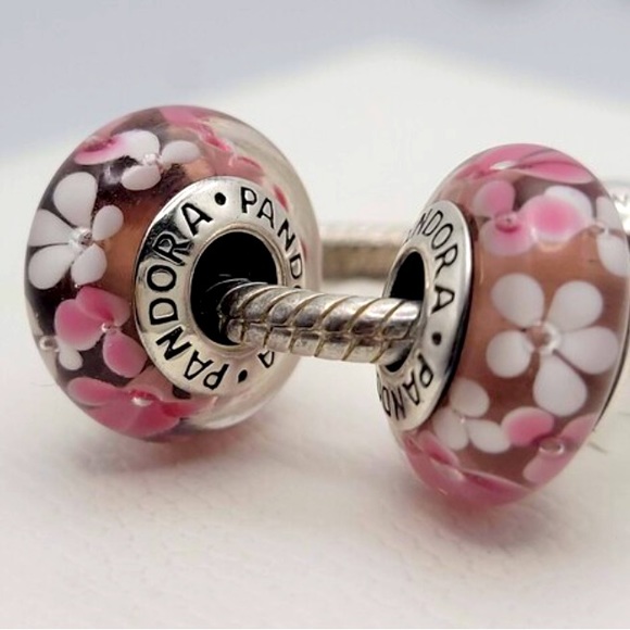 Pandora | Jewelry | Pandora Pair Of Dark Pink Flowers Murano Glass ...